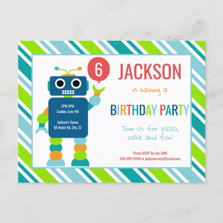 Kids Colorful Robot Birthday Invitation Postcard | Zazzle