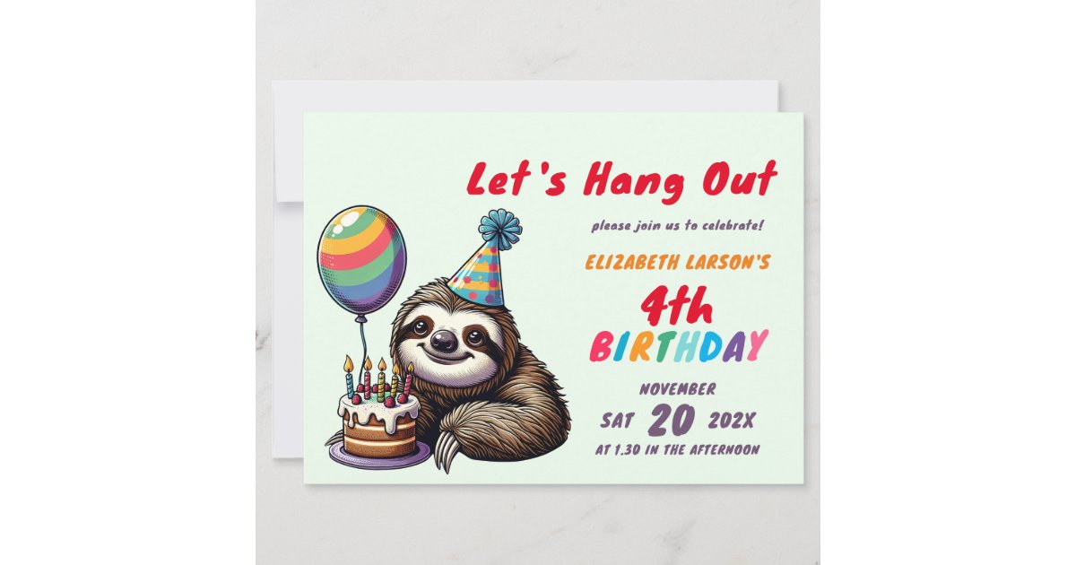 Kids Colorful Sloth Theme Birthday Party Invitation | Zazzle