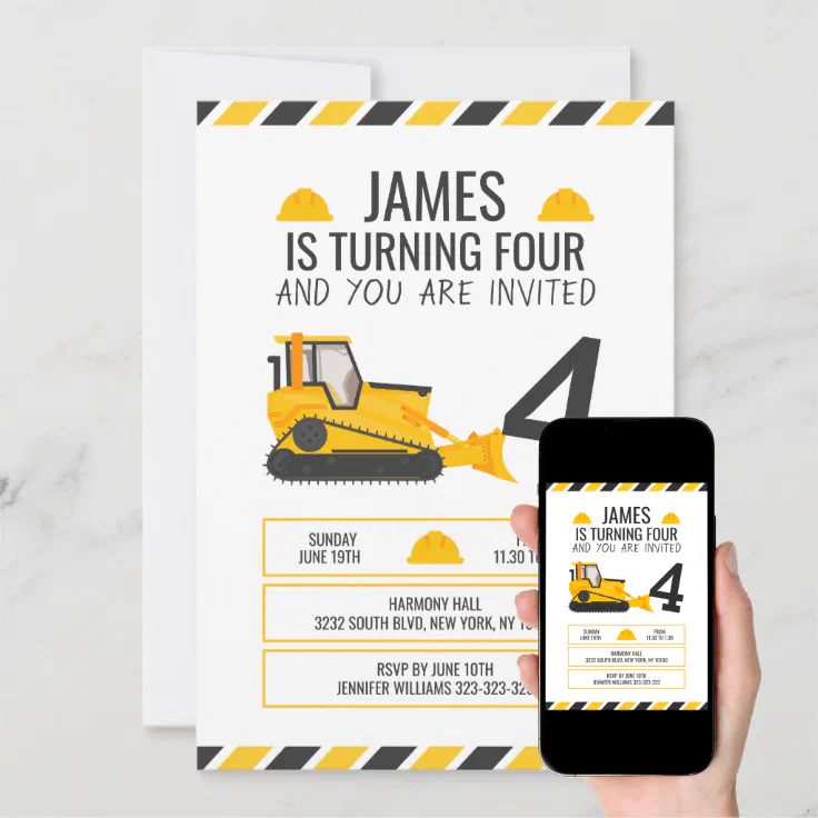 Kids Construction Bulldozer Birthday Party Invitation | Zazzle