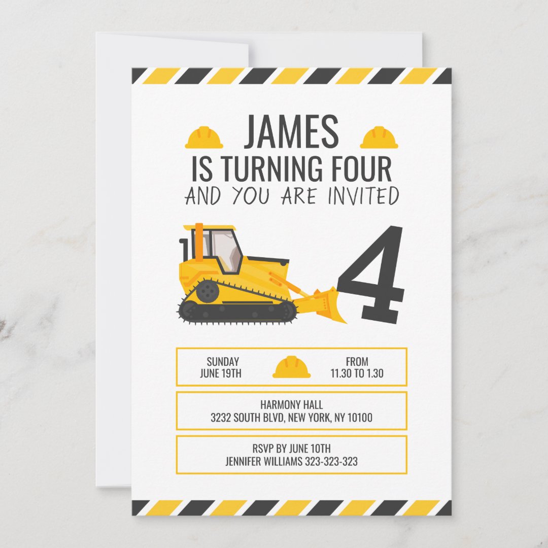 Kids Construction Bulldozer Birthday Party Invitation | Zazzle