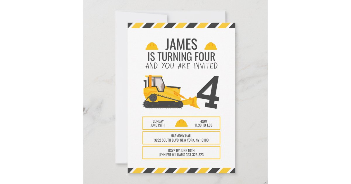 Kids Construction Bulldozer Birthday Party Invitation | Zazzle