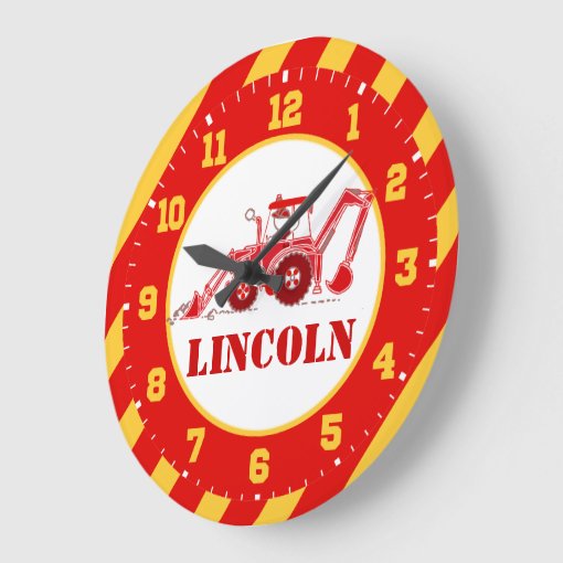 Kids construction tractor red digger wall clock | Zazzle