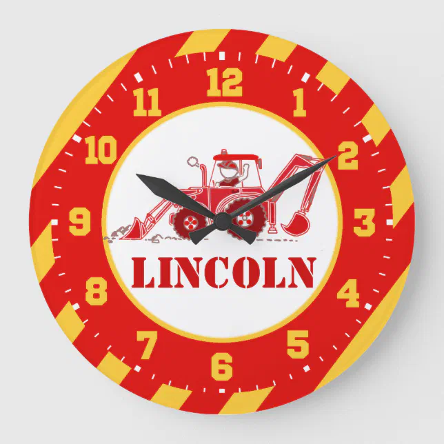 Kids construction tractor red digger wall clock | Zazzle