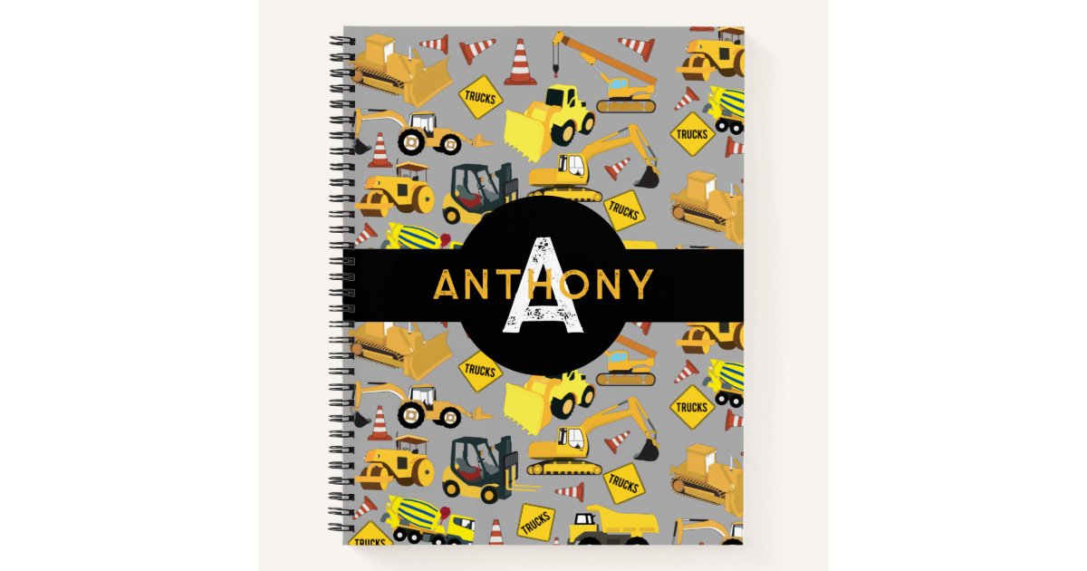 Kids Construction Trucks Pattern Monogram Name Notebook | Zazzle