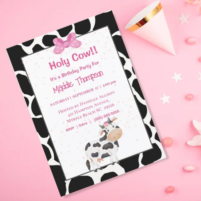 Kids Cow Print Girls Birthday Party Invitation | Zazzle