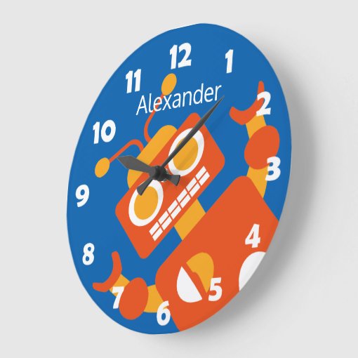 Kids Crazy Orange Robot Personalized Cool Blue Large Clock | Zazzle