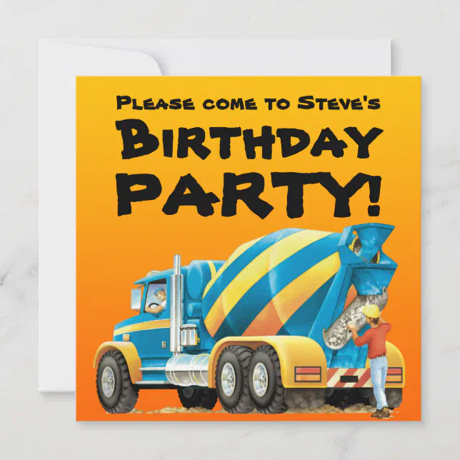 Kids Custom Concrete Mixer Truck Party Invitation | Zazzle