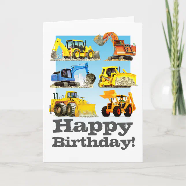 Kids Custom Yellow Digger Excavator Happy Birthday Card | Zazzle