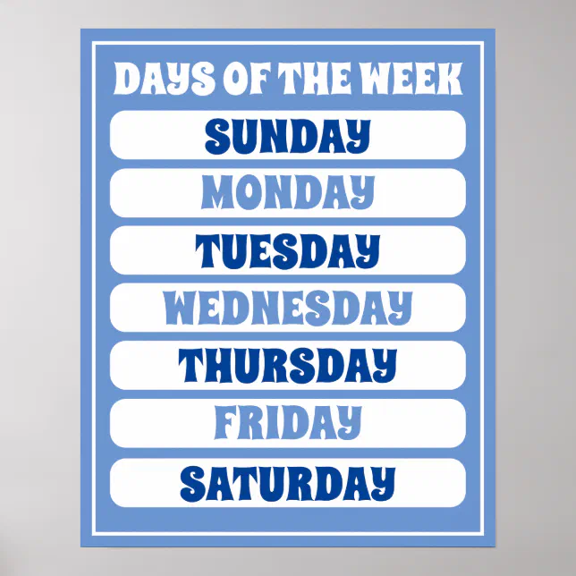 Kids Cute Blue Days Of The Week Learning Boys Room Poster | Zazzle