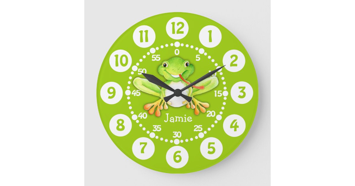 Kids cute frog green wall clock | Zazzle