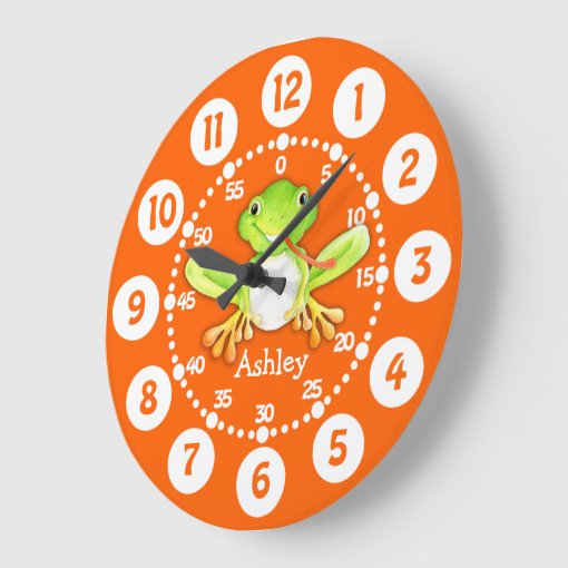 Kids cute frog orange green wall clock | Zazzle