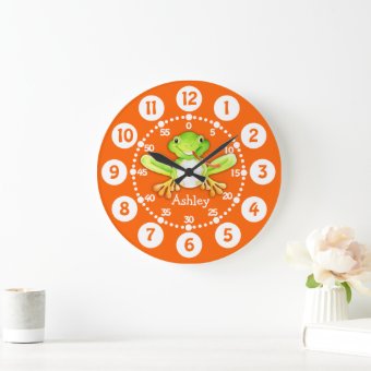 Kids cute frog orange green wall clock | Zazzle