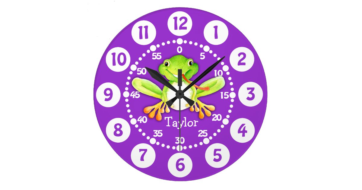 Kids cute frog purple green wall clock | Zazzle.com
