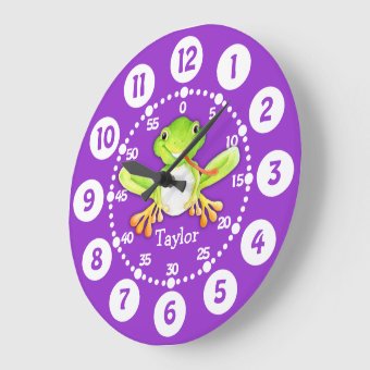 Kids cute frog purple green wall clock | Zazzle