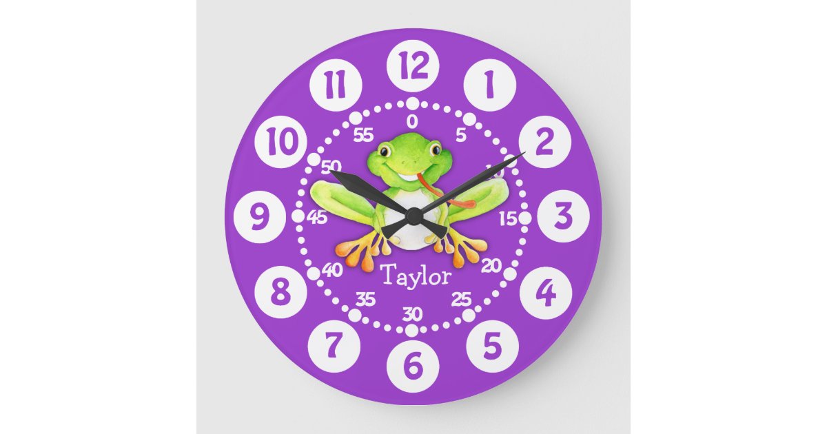 Kids cute frog purple green wall clock | Zazzle