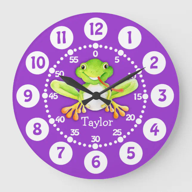 Kids cute frog purple green wall clock | Zazzle