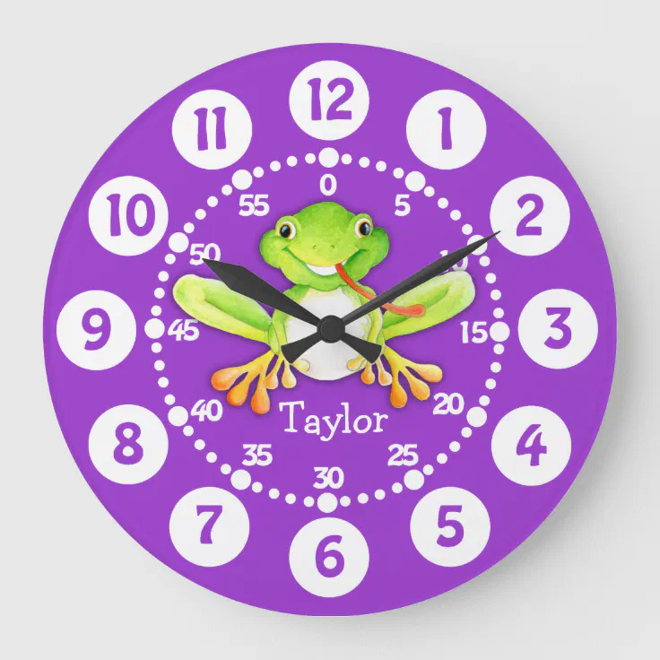 Kids cute frog purple green wall clock | Zazzle