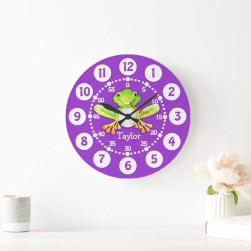 Kids cute frog purple green wall clock | Zazzle