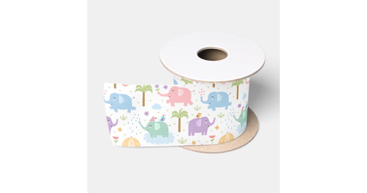 Kids Cute Happy Elephants Pastel Pink Blue Green Satin Ribbon | Zazzle
