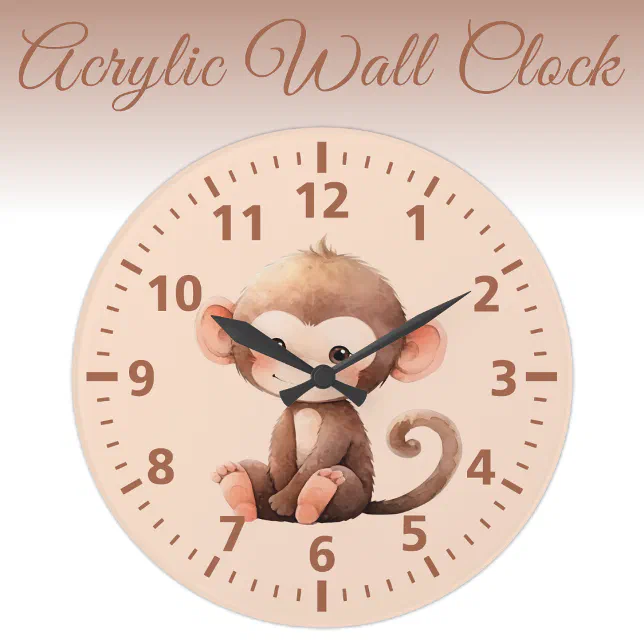 Kids cute monkey brown peach large clock | Zazzle