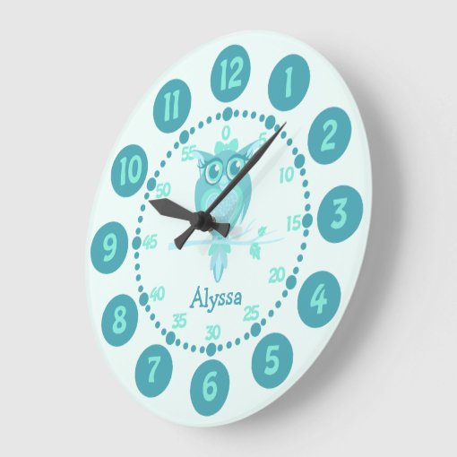 Kids cute owl aqua blue green wall clock | Zazzle