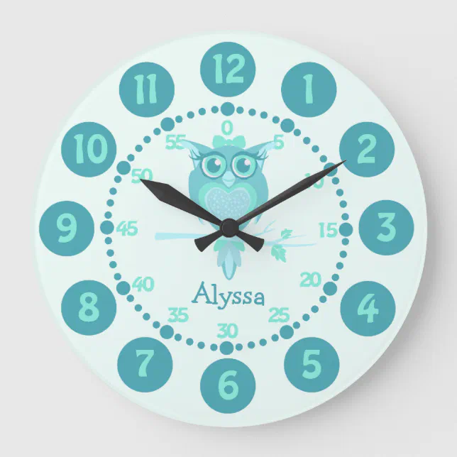 Kids cute owl aqua blue green wall clock | Zazzle