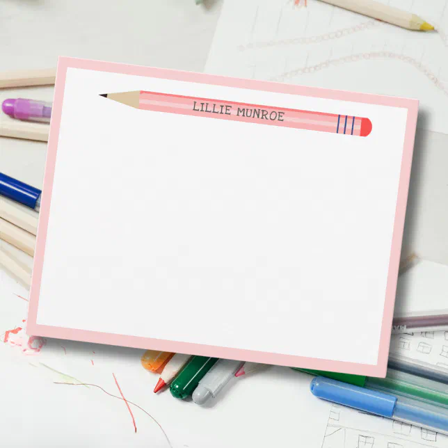 Kids Cute Pink Simple Pencil Flat Note Card | Zazzle