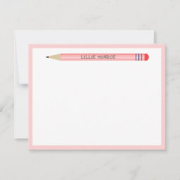 Kids Cute Pink Simple Pencil Flat Note Card | Zazzle