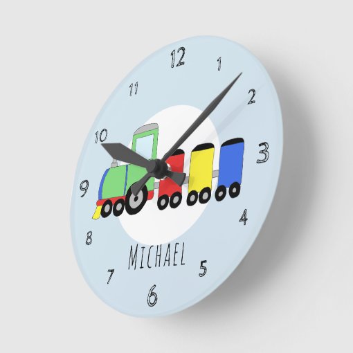 Kids Cute Train Cartoon Boys Nursery Name Round Clock | Zazzle