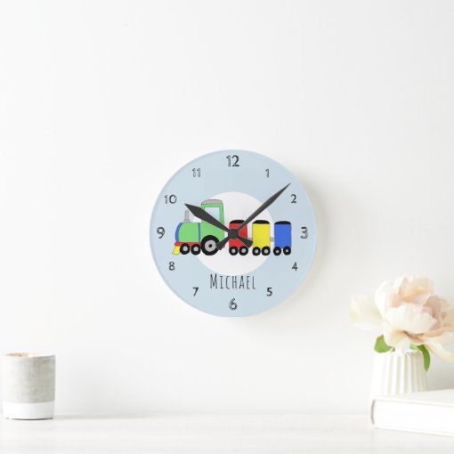 Kids Cute Train Cartoon Boys Nursery Name Round Clock | Zazzle