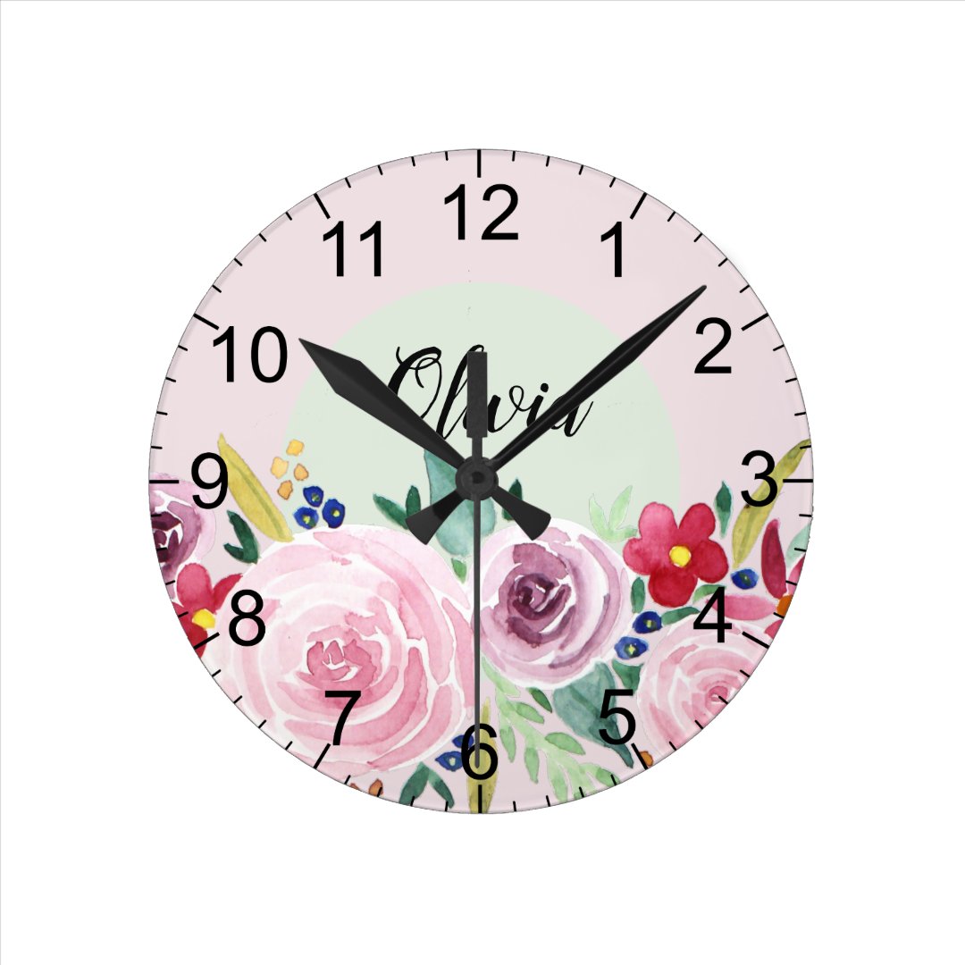 Kids Cute Watercolor Flowers Vintage Girls Round Clock | Zazzle