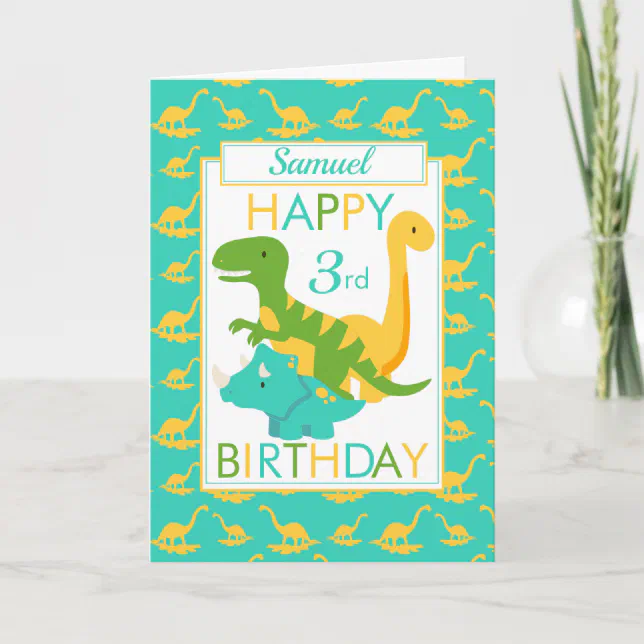 Kids Dinosaur 3rd Birthday Blue Card | Zazzle