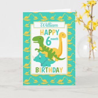 Kids Dinosaur 6 Month Birthday Blue Card | Zazzle