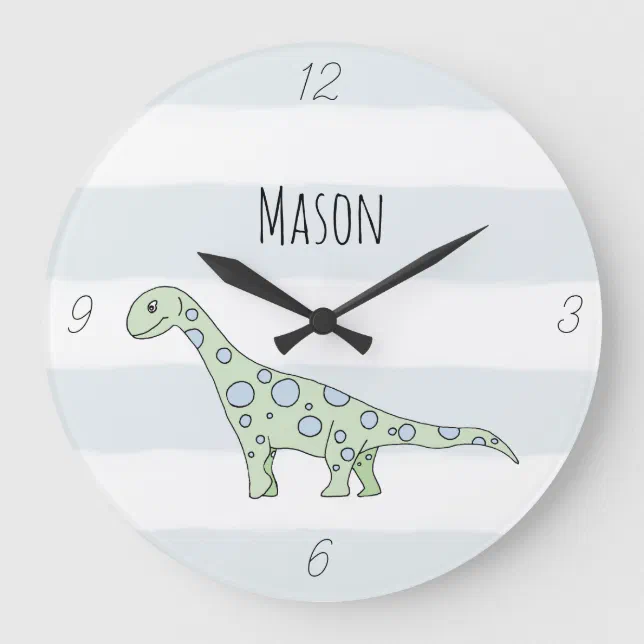 Kids Dinosaur Cartoon & Name Boys Nursery Large Clock | Zazzle
