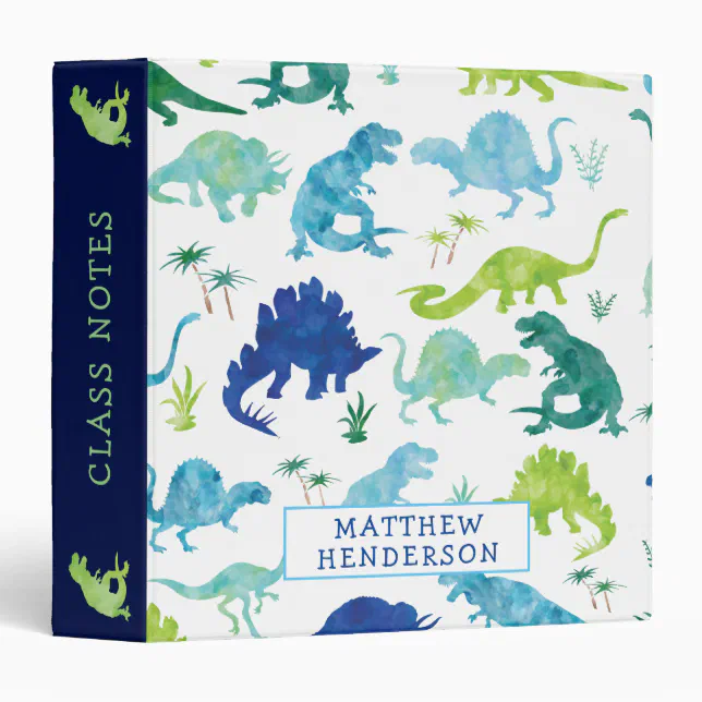 Kids Dinosaur Watercolor School Personalized Green 3 Ring Binder | Zazzle