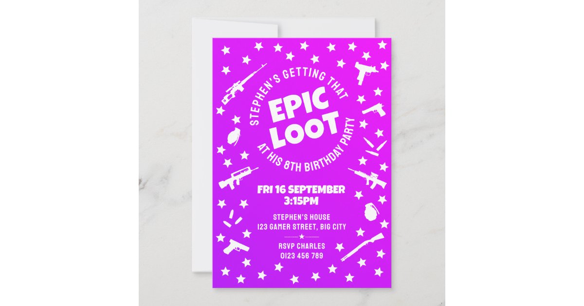 Kids Epic Loot Purple Gamer Birthday Party Invitation | Zazzle