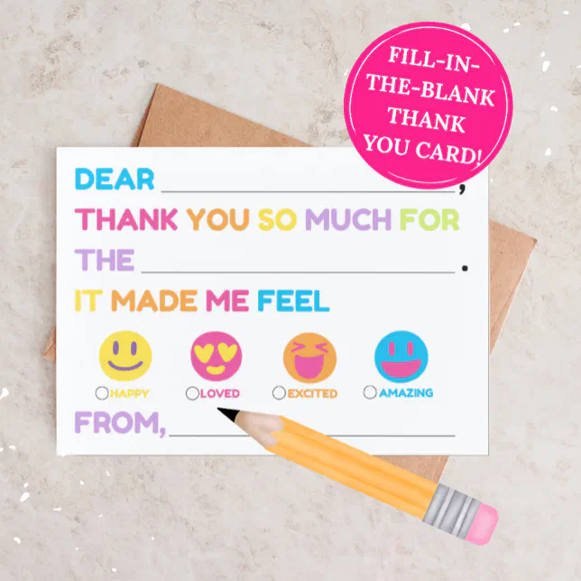 Kids Fill In Thank You Card (Birthday Parties) | Zazzle