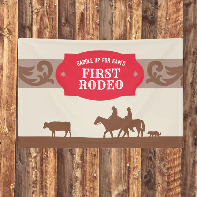 Kids FIrst Rodeo Red Western Birthday Party Banner | Zazzle