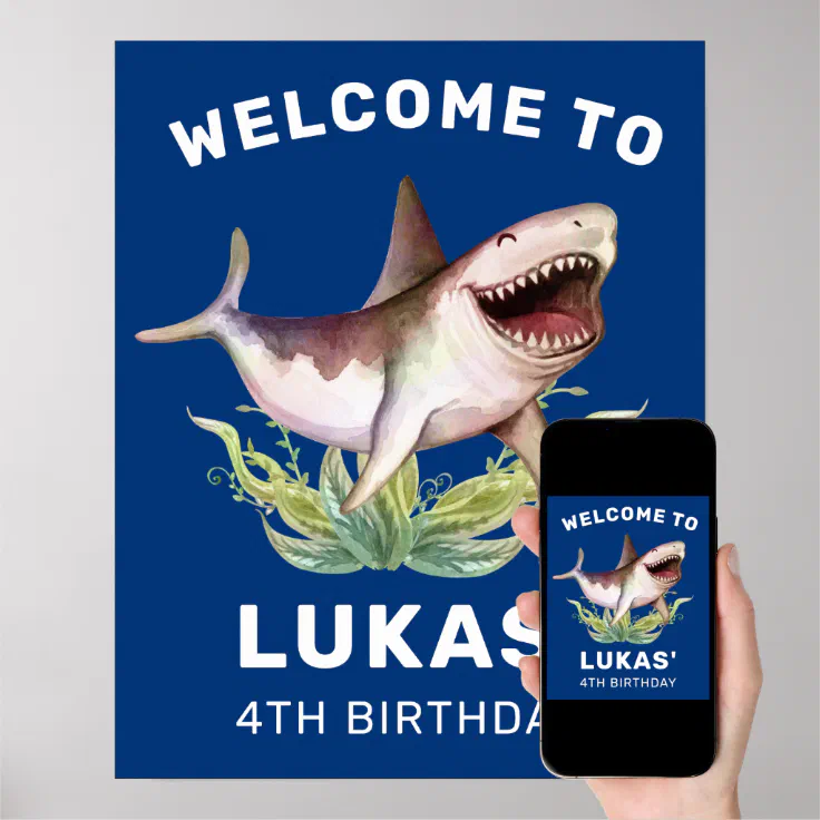 Kids Funny Shark Blue Birthday Party Welcome Poster | Zazzle