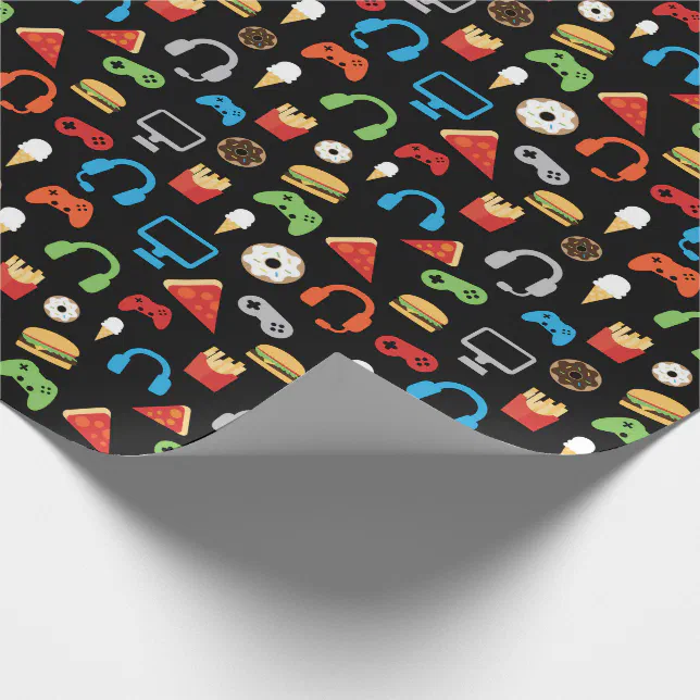 Kids Gamer Video Game Snacks Pizza Donuts Fun Wrapping Paper | Zazzle