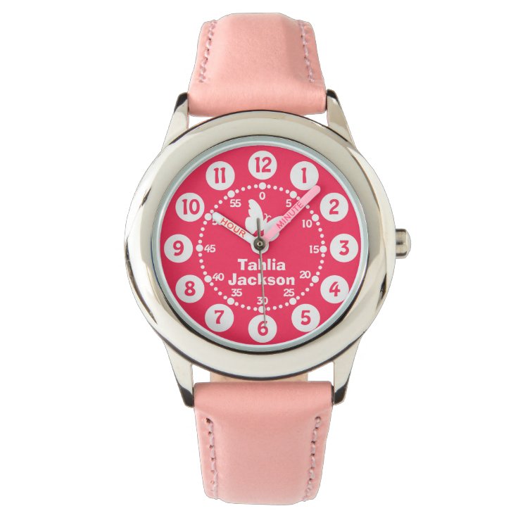 Kids girls pink & white full name wrist watch | Zazzle