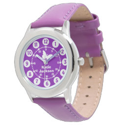 Kids girls purple & white full name wrist watch | Zazzle