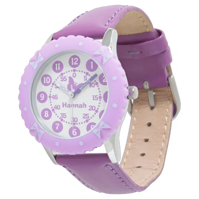 Kids girls purple & white personalized wrist watch | Zazzle