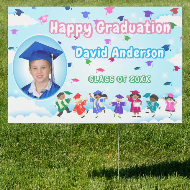 Kids Graduate Tossing Graduation Caps Cute Photo Sign | Zazzle