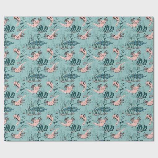 Kids Green & Blush Pink Underwater Axolotl Drawing Wrapping Paper | Zazzle