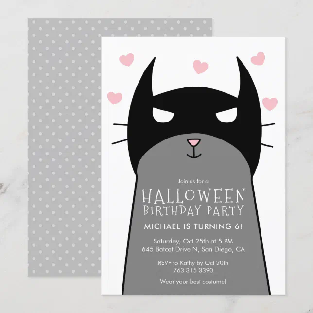 Kids Halloween Birthday Party Invitation | Bat Cat | Zazzle