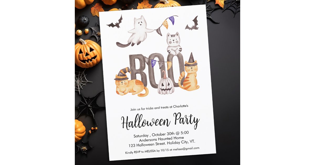 Kid's Halloween Cute Cats Ghosts Pumpkin Party Invitation | Zazzle