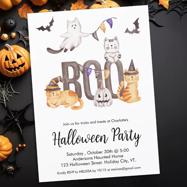 Kid's Halloween Cute Cats Ghosts Pumpkin Party Invitation | Zazzle