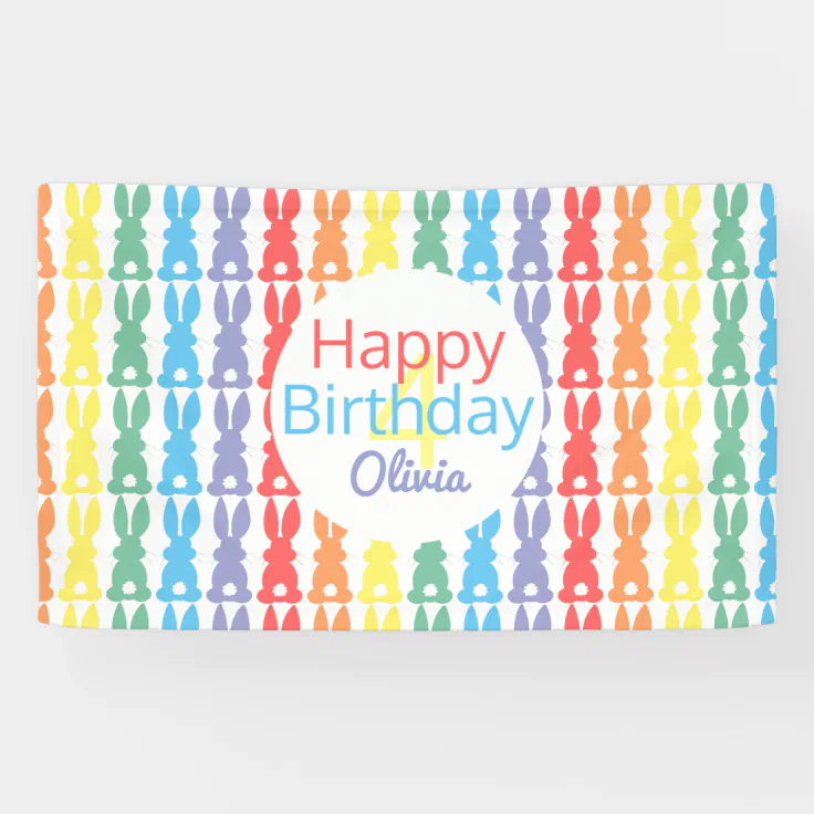 Kids Happy Birthday Rainbow Bunny Personalized Banner | Zazzle