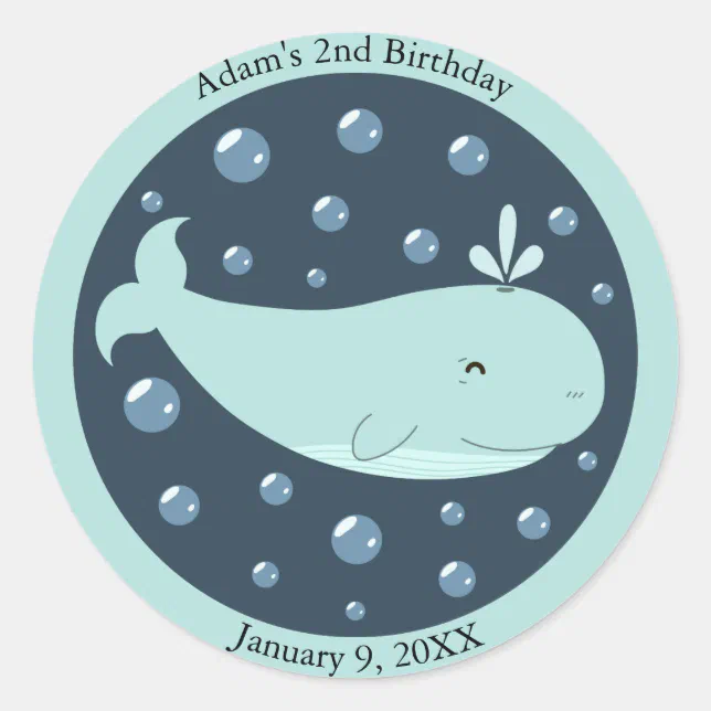 Kids Happy Blue Whale Under the Sea Birthday Classic Round Sticker | Zazzle